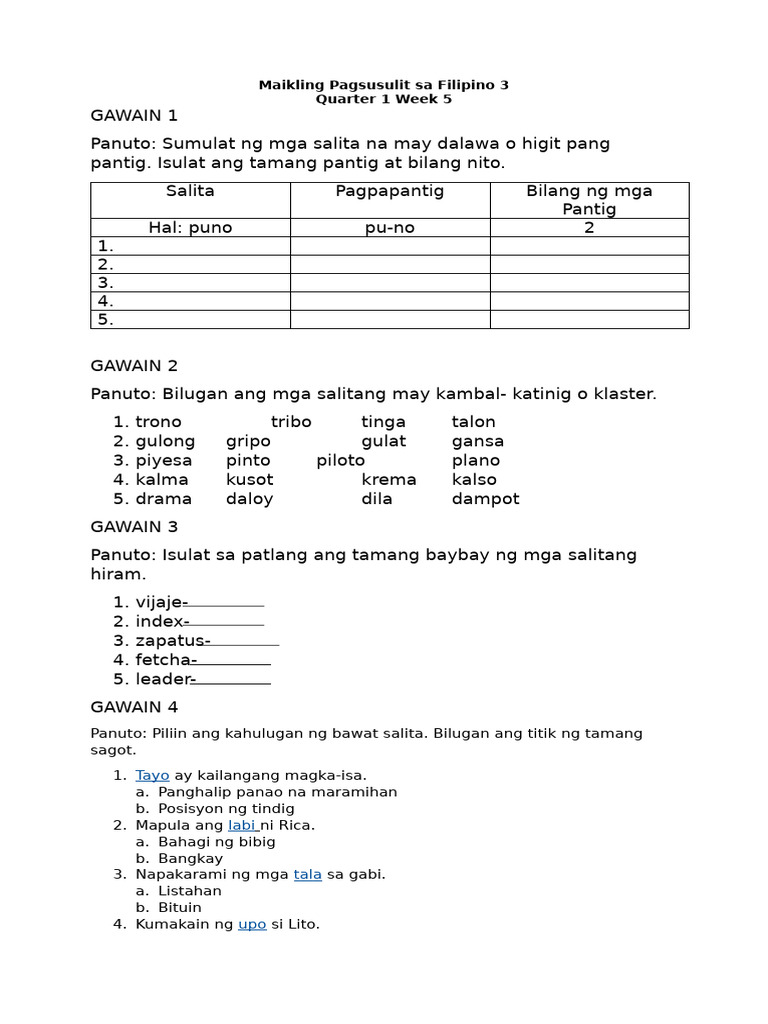 Quizzes (Filipino - Mapeh) | PDF