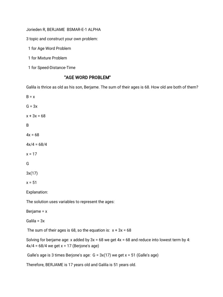 Solving Age Word Problem, Mixture Problem and Speed-Distance-Time | PDF ...