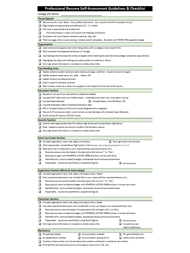 Professional Resume Self Assessment Checklist Covid | PDF | Verb | Résumé