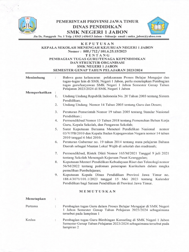 SK Pembagian Tugas Guru & Tendik Tapel 2023-2024 | PDF