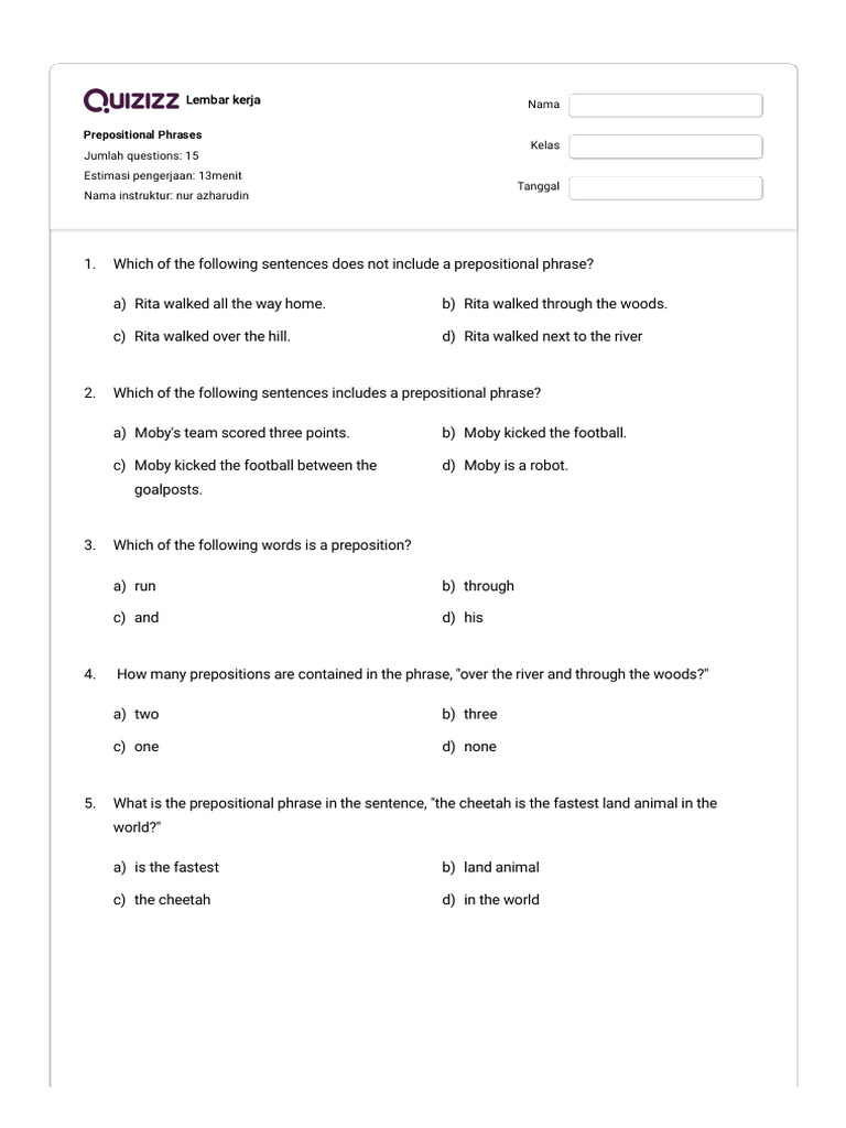 Prepositional Phrases - Quizizz | PDF | Preposition And Postposition ...