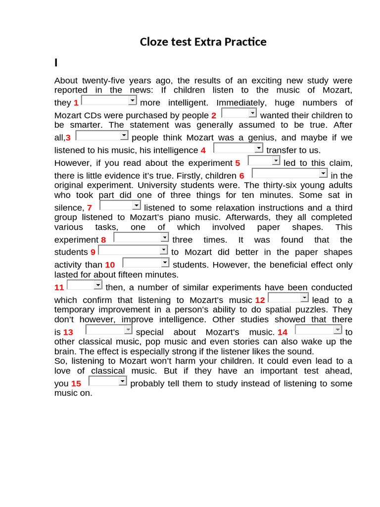 Cloze Test Extra Practice With Answerts | PDF | Verb | Subject (Grammar)