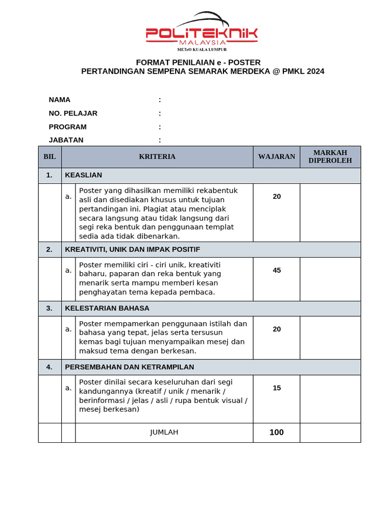 Borang Penilaian e Poster | PDF
