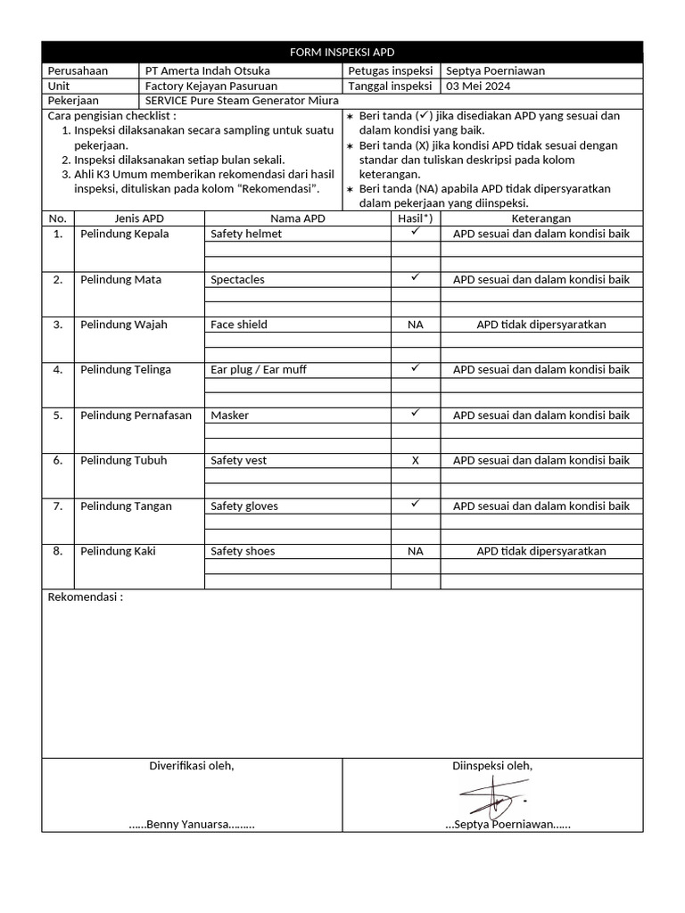 Form Inspeksi APD PPJ | PDF