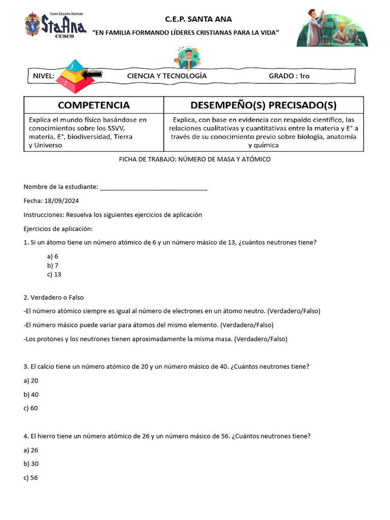 Ficha de Trabajo 1ro (Nùmero Atómico y Másico) | PDF