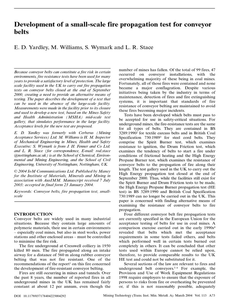 Development of A Small-Scale Fire Propagation Test For Conveyor Belts ...