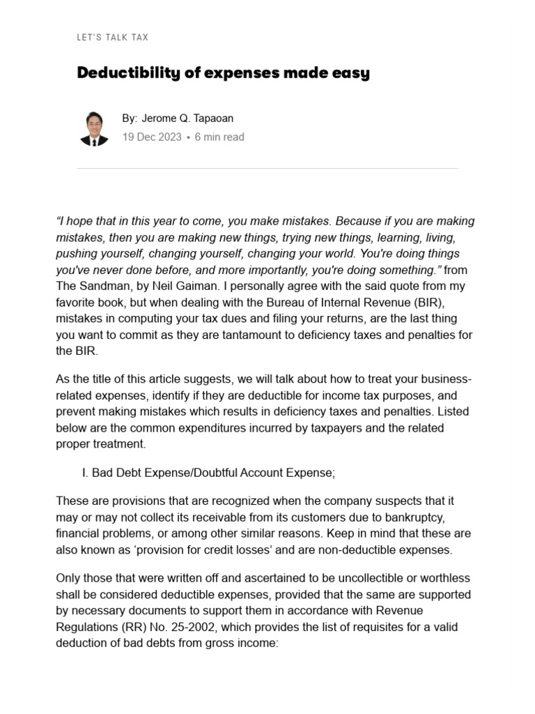 Allowable Deduction BIR | PDF | Expense | Taxes