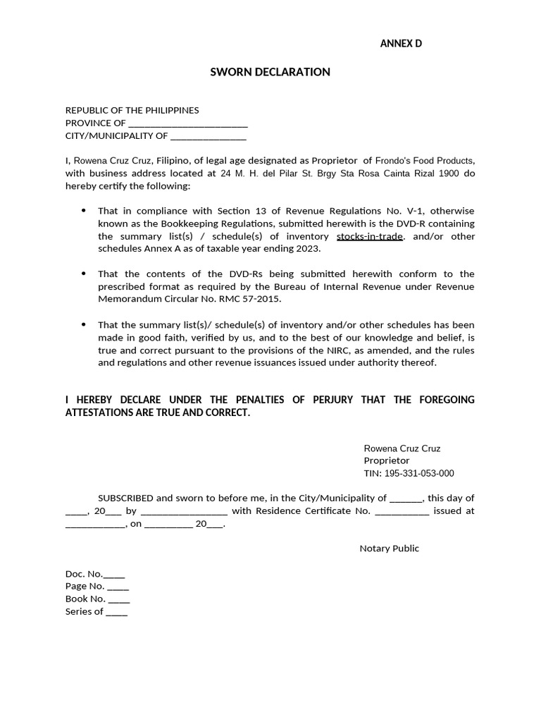 Frondo's Food Products Sworn Declaration | PDF