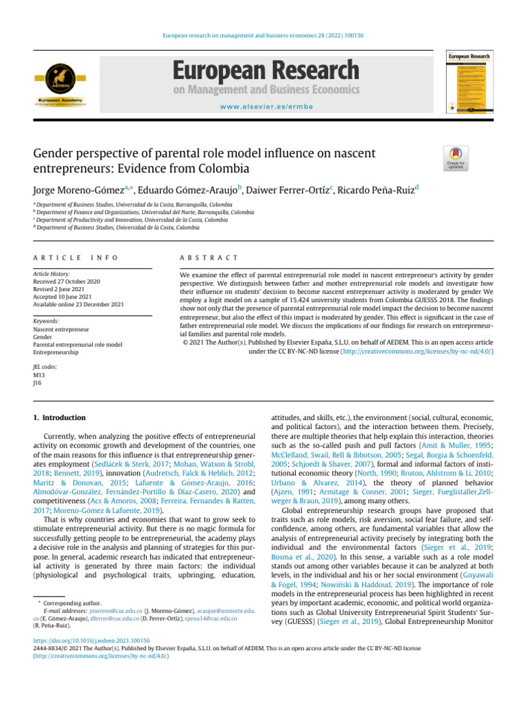 Gender Perspective of Parental Role Model Influence On Nascent | PDF ...