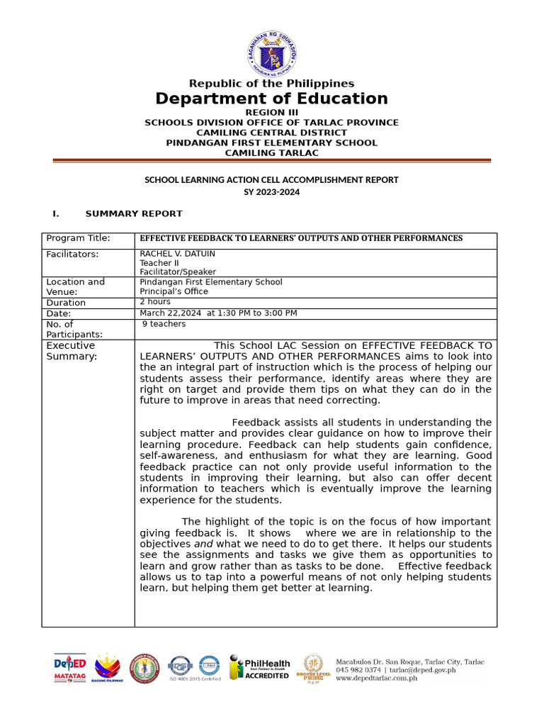 Slac-Rachel Accomplishment Report | PDF | Learning | Behavior Modification