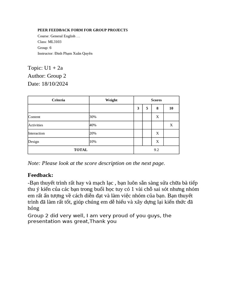 Feedback:: Peer Feedback Form For Group Projects | PDF