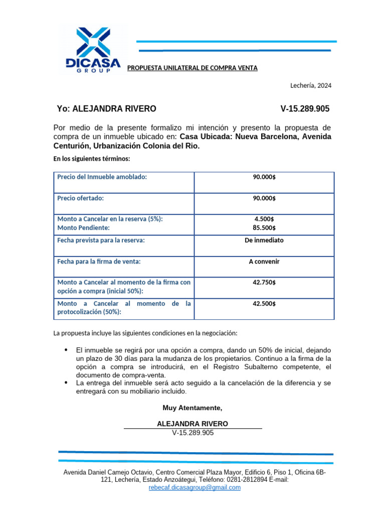 Propuesta de Compra de Inmueble en Nueva Barcelona | PDF