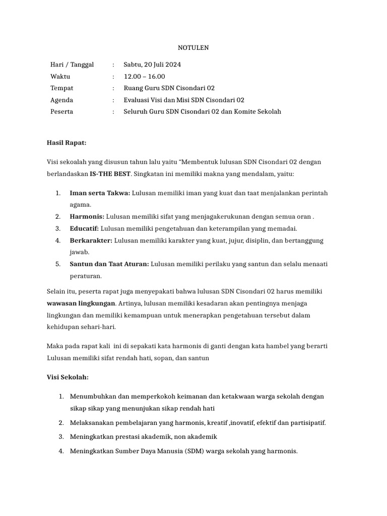 Notulen Rapat Evaluasi Visi Dan Misi Sekolah | PDF