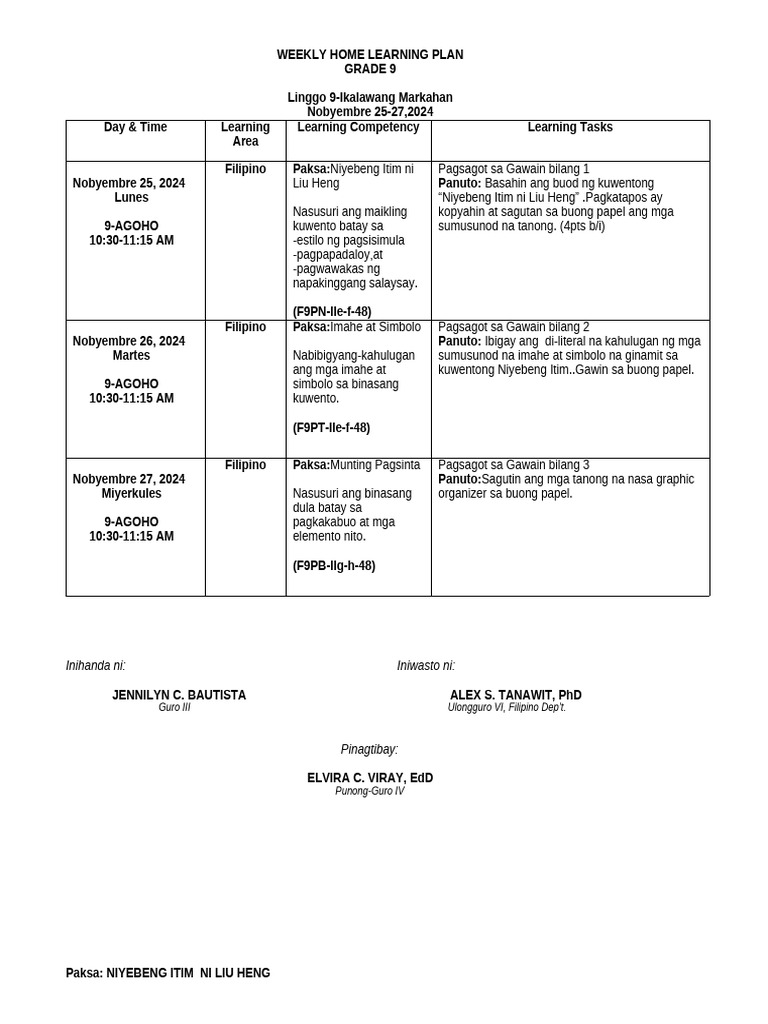 WEEKLY HOME LEARNING PLAN Filipino 9 | PDF