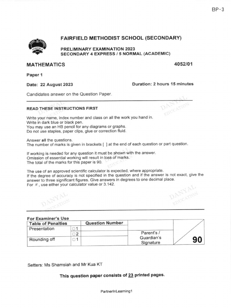 Fairfield Methodist School E Math Prelim 2023 | PDF | Mathematics