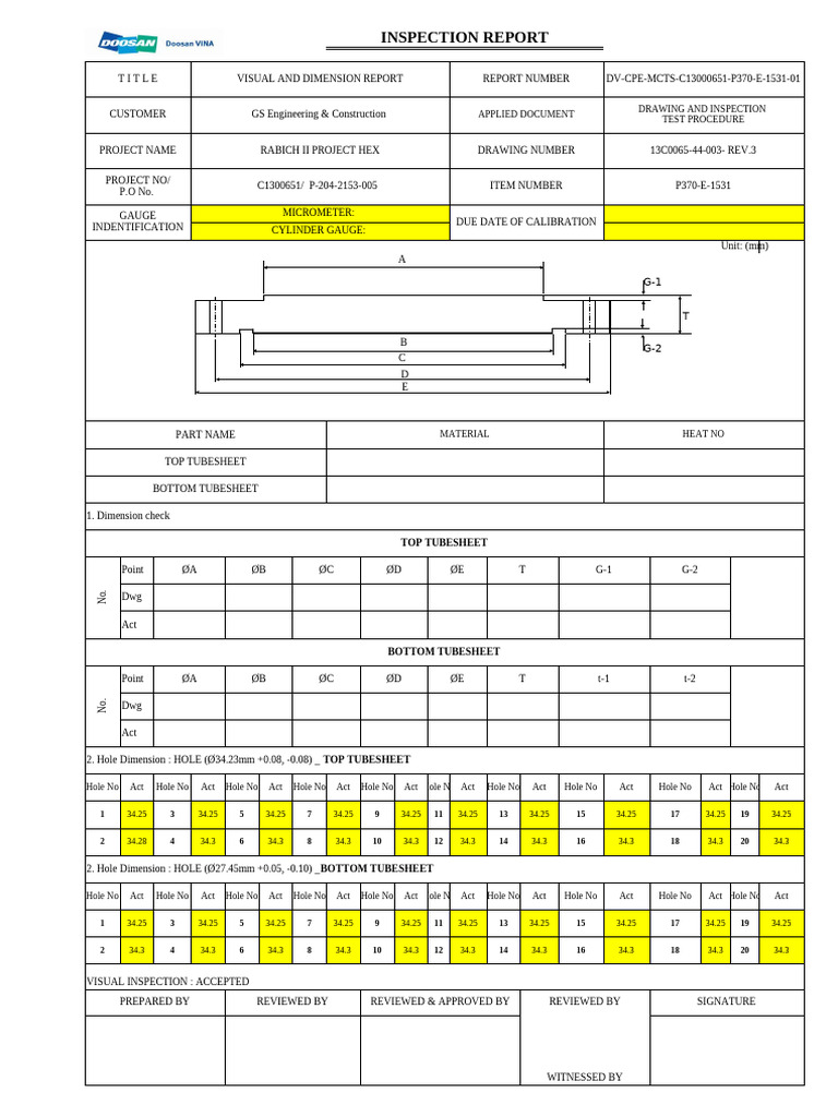 Tube Sheet Machining Inspection Report | PDF