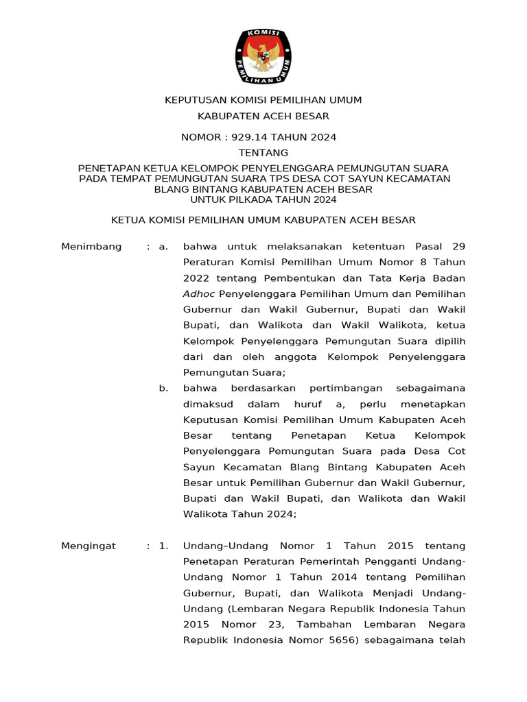 Ketua KPPS Desa Cot Sayun 2024 | PDF | Hukum | Griya & Taman