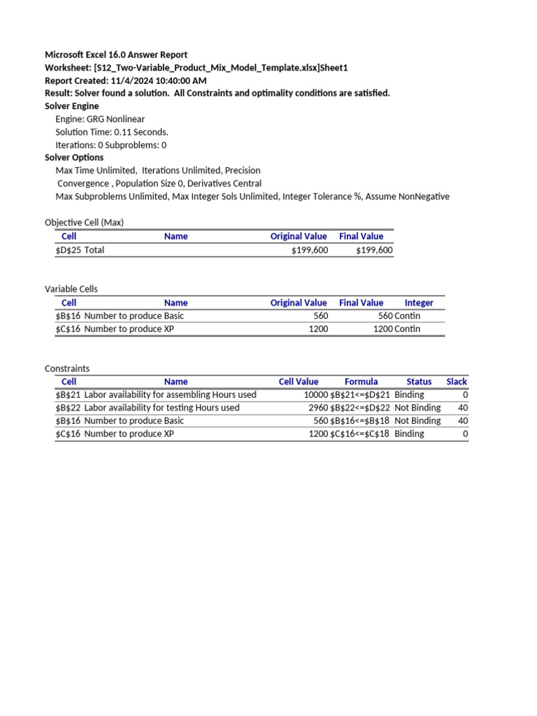 Excel Solver Product Mix Optimization Report | PDF | Mathematics ...