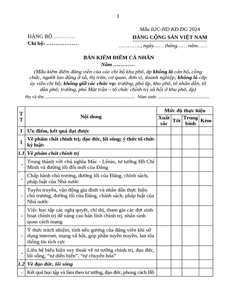 4 - Mẫu 02c - Kiểm Điểm Dánh Giá Xếp Loại Cá Nhân | PDF