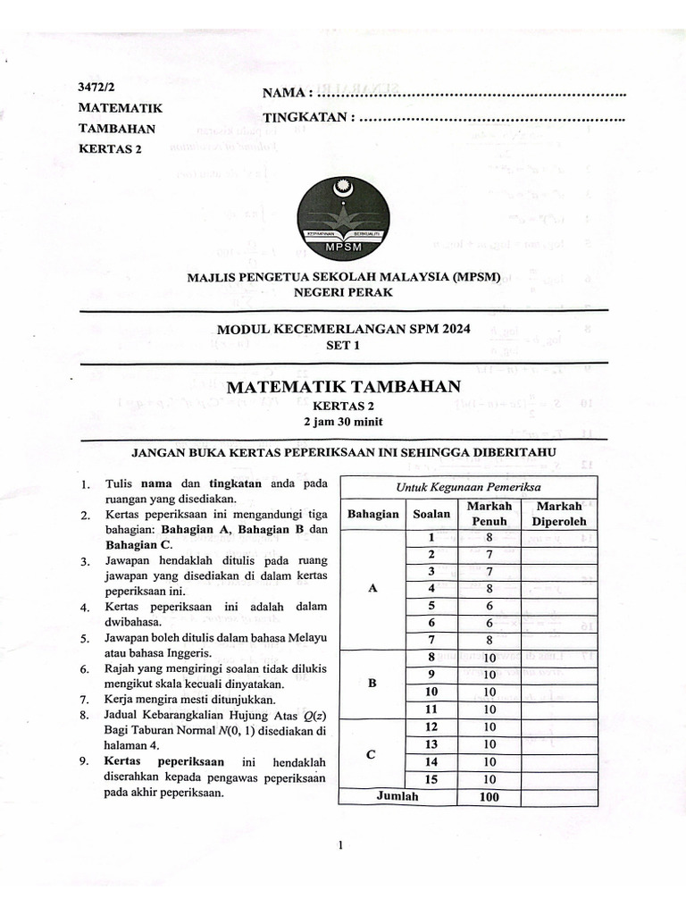 AddMath SPM Bot Perak Soalan K2 2024 | PDF