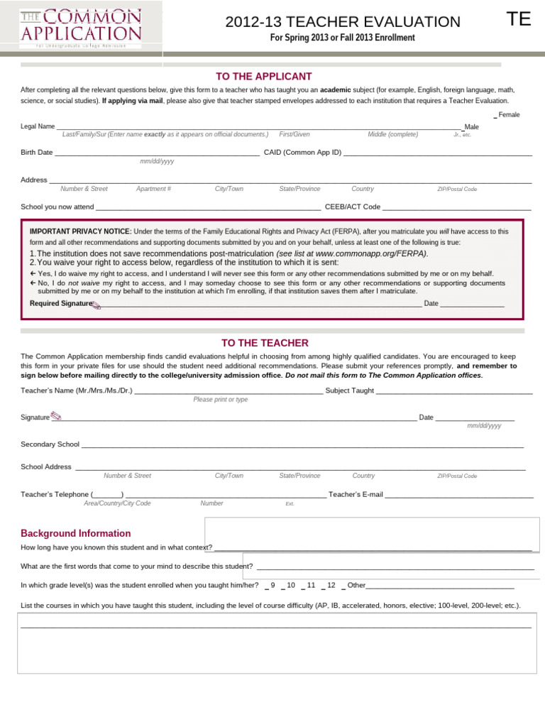 2012-13 Teacher Evaluation Form | PDF | Teachers | Zip Code
