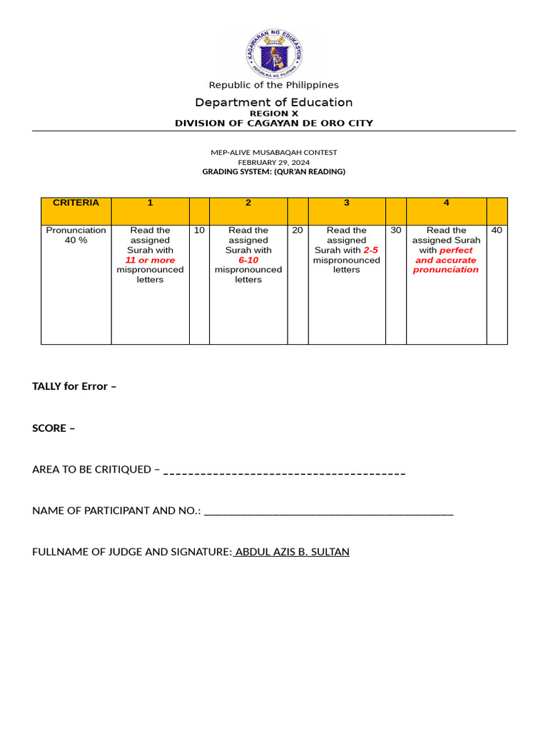 Musabaqah Rubric With Grading System | PDF | Fluency | Speech