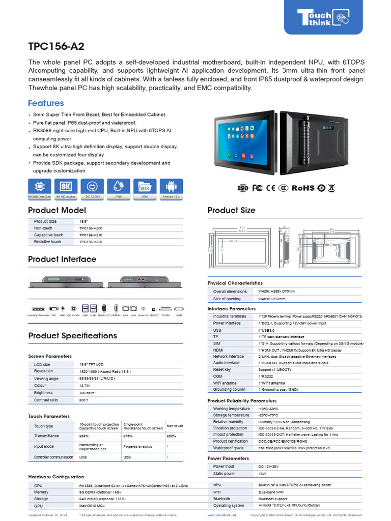 Touchthink-15.6-Inch-2nd-Gen-A-Series-Android All-in-one-PC-Product-Manual-3588 | PDF | Hdmi | Wi Fi