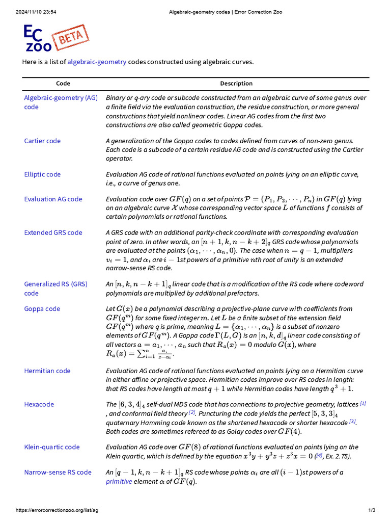 Algebraic-Geometry Codes - Error Correction Zoo | PDF | Field ...