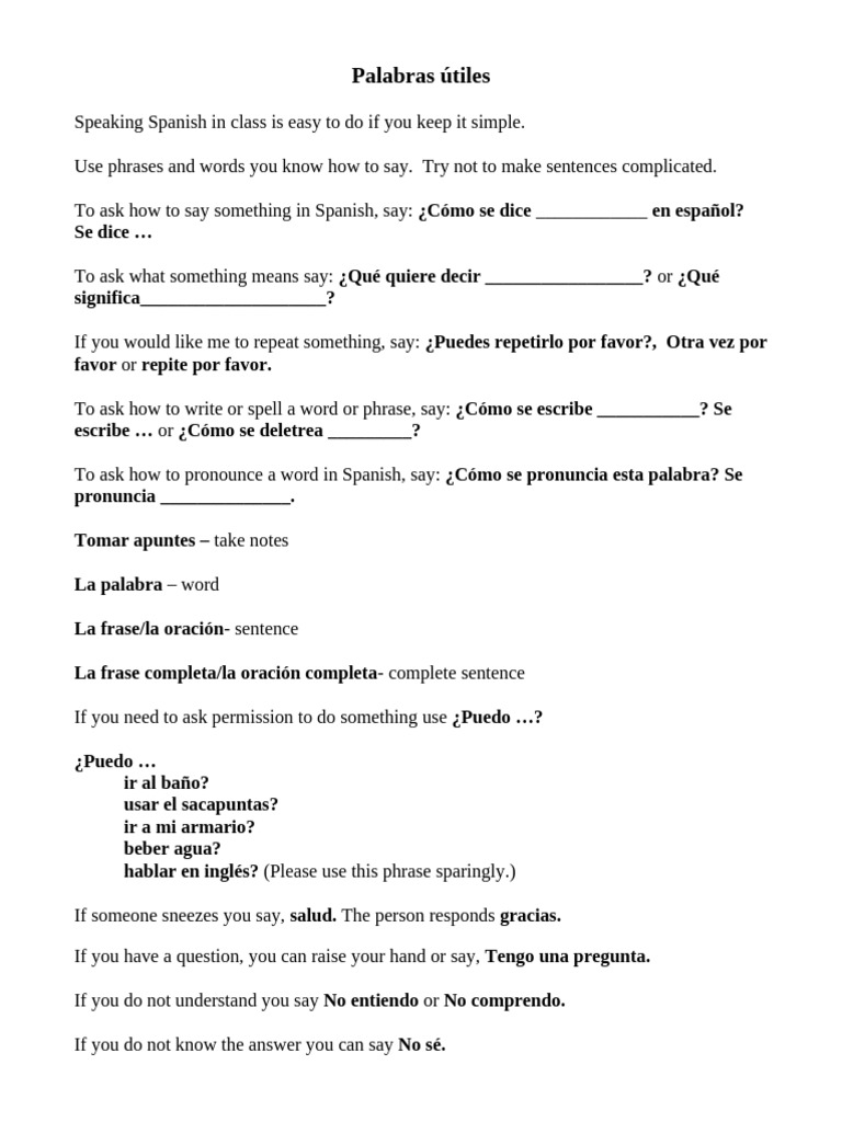 Frases útiles en español para clase | PDF