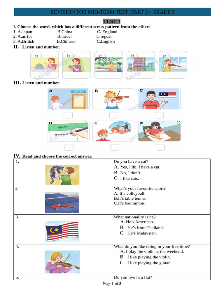Revision For Mid Term Test Part 3 Grade 5 Pdf Language Arts