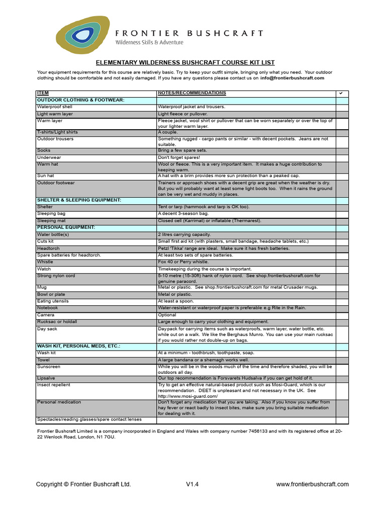 Elementary Wilderness Bushcraft Kitlist | PDF | Clothing | Trousers