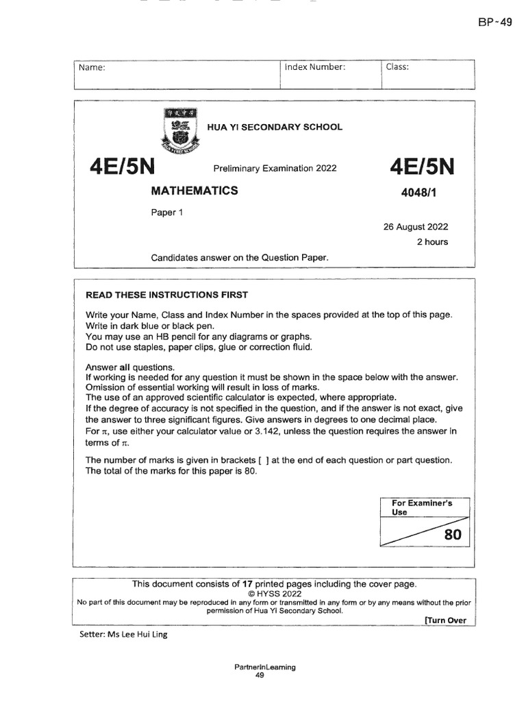E-Math - Sec 4 - Prelims Exam Paper - 2022 - Hua Yi Sec | PDF | Prime ...