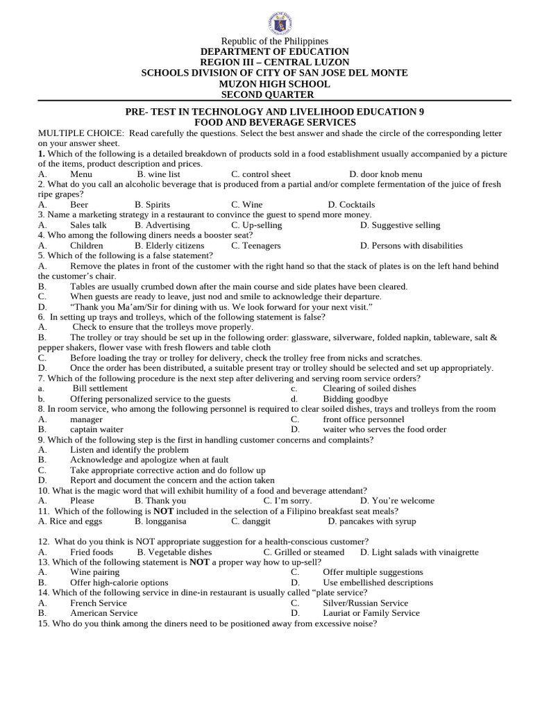 PRE-TEST- FBS- 2ND QUARTER | PDF | Tableware | Waiting Staff