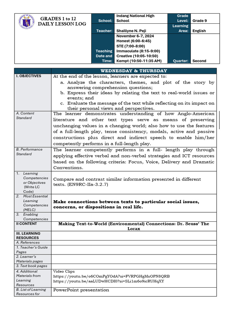 Week4 Lesson Text-To-World Connections The Lorax | PDF | Learning ...