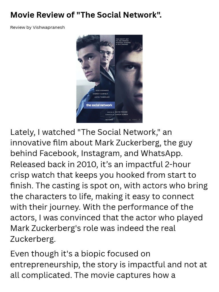 Detailed Review of the Movie - Social Network. | PDF