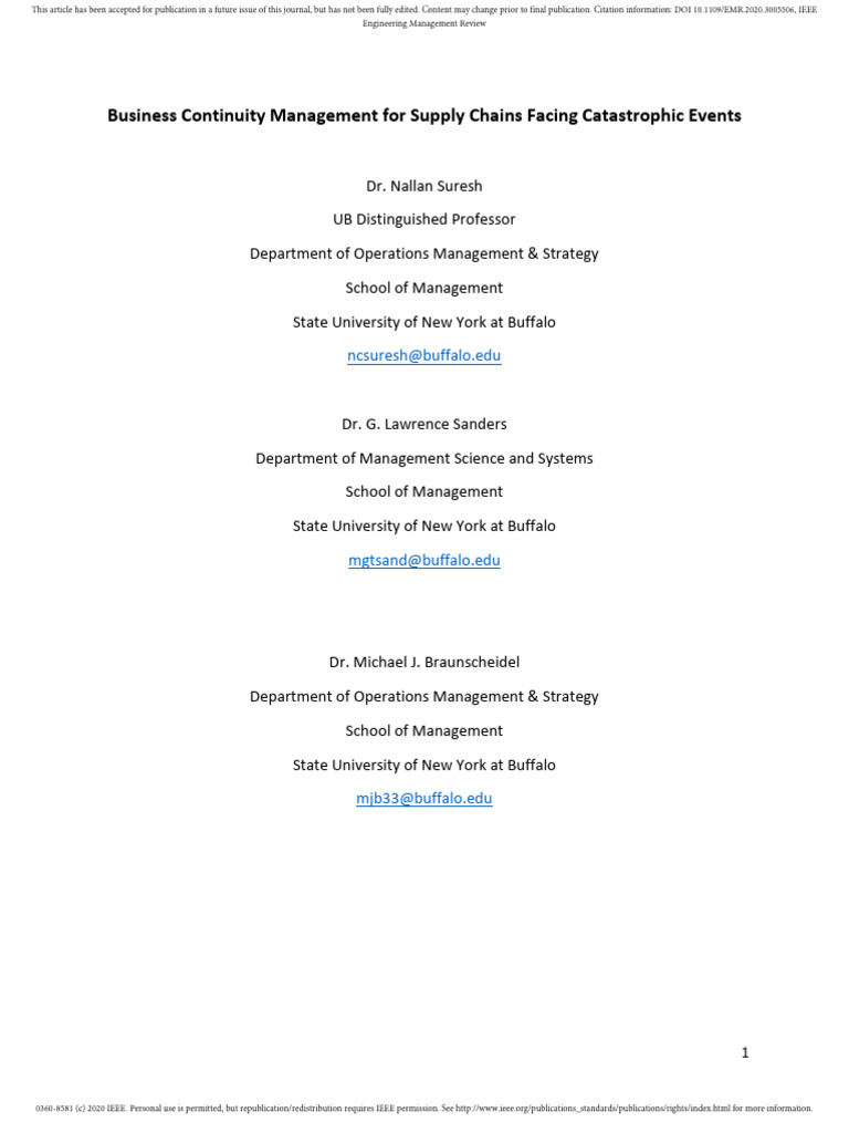 Business Continuity Management For Supply Chains Facing Catastrophic ...