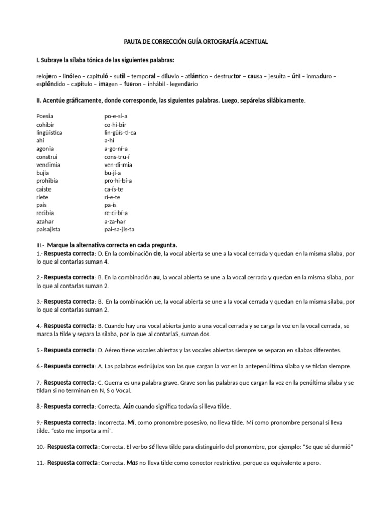 Pauta de Corrección Guía Ortografía Acentual | PDF | Sílaba | Fonética
