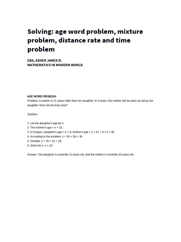 Age Word Problem, Mixture Problem, Distant Rate and Time Problem | PDF | Physics