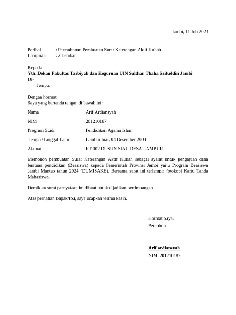 Surat Permohonan Aktif Kuliah | PDF