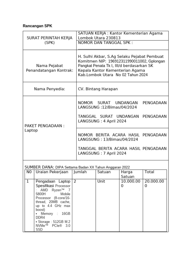 Contoh Rancangan SPK Pengadaan Barang | PDF