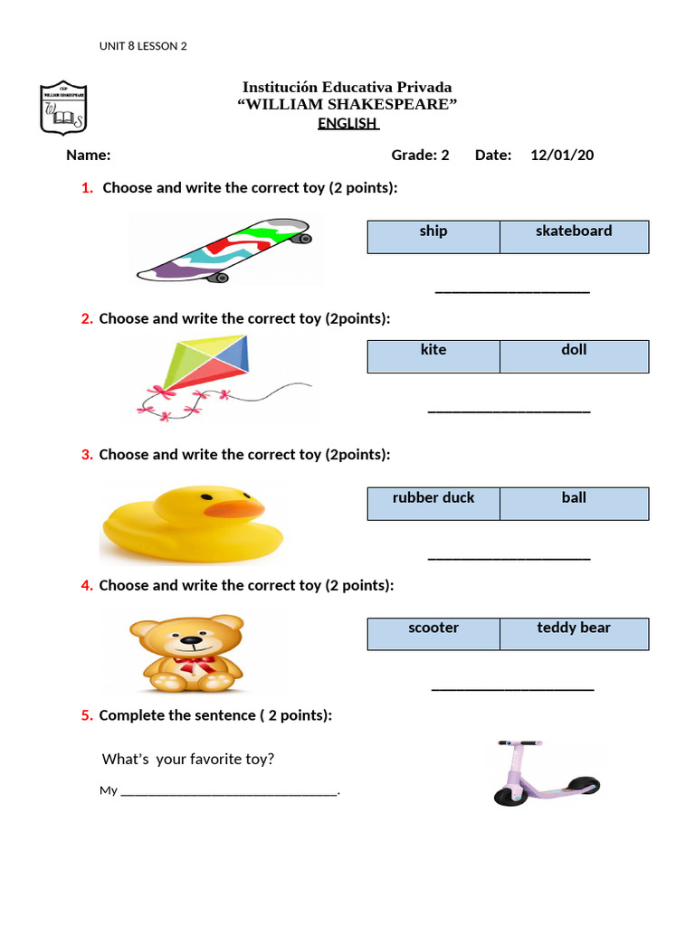 Ficha de Aplicación Grade 2 Unit 8 Lesson 2 | PDF