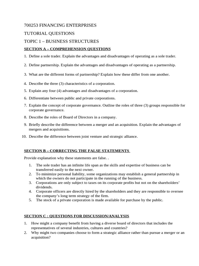 Tutorial Week 2 - Topic 1 Business Structure | PDF