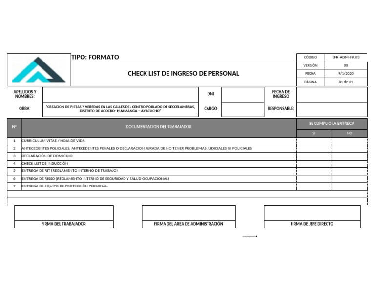 Checklist Ingreso Personal 2020 | PDF