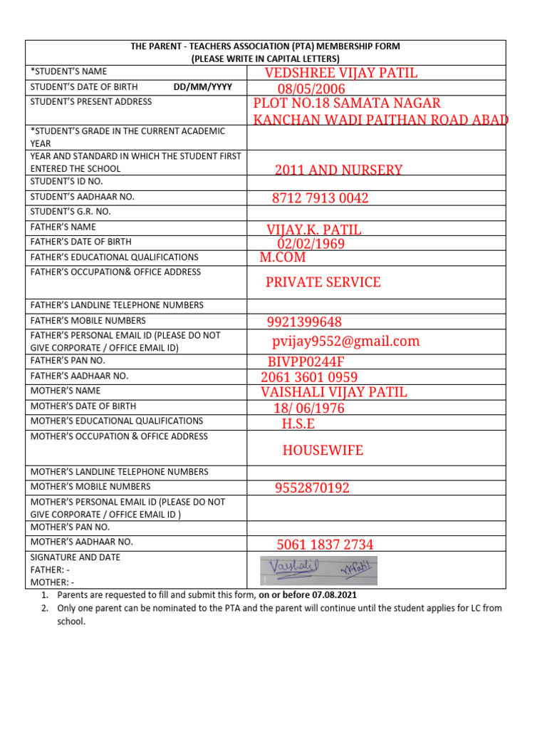 PTA Membership Application Form | PDF