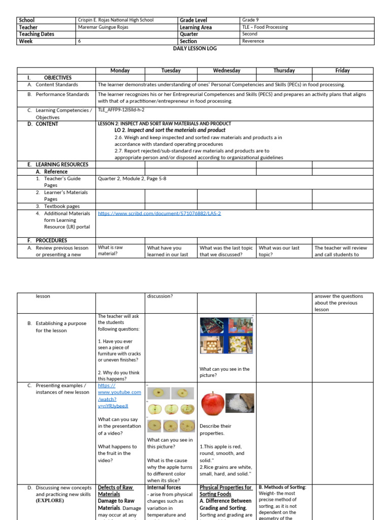 DLL - Grade 9 TLE - Wk6 - Food Processing | PDF | Learning | Vegetables