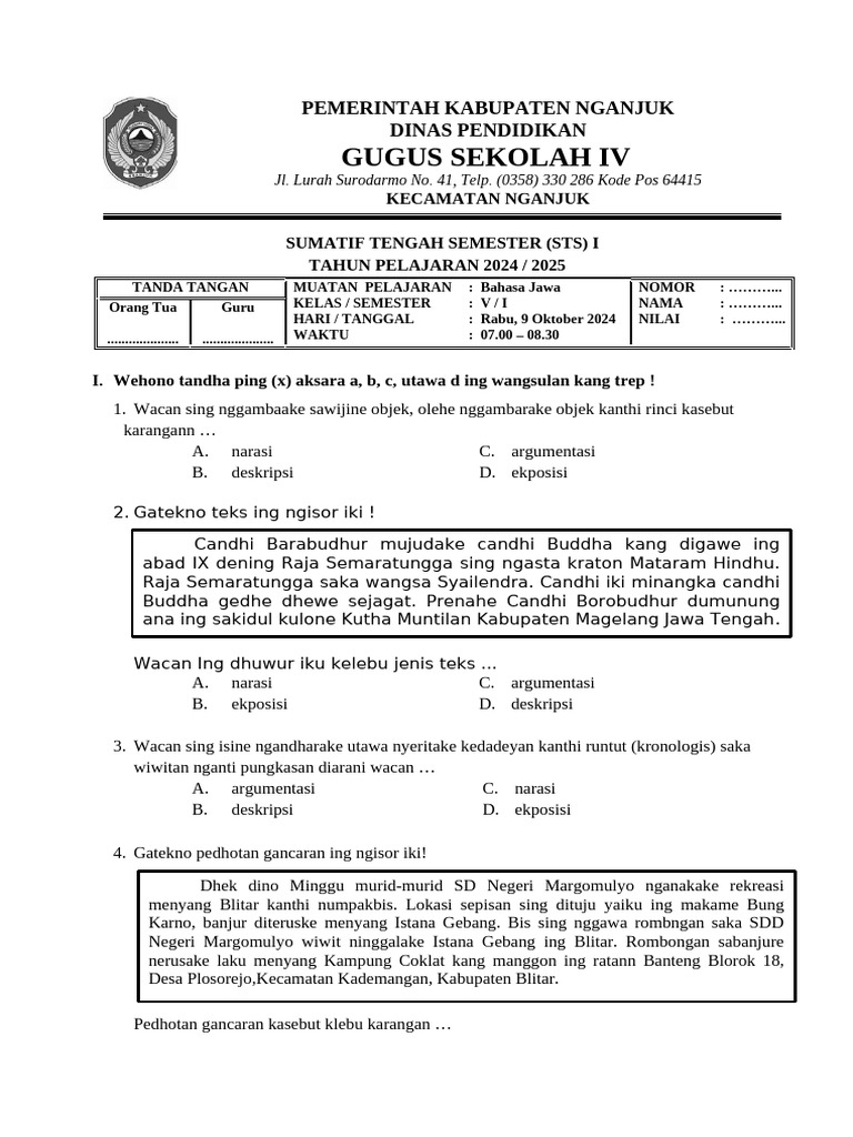 Soal STS 1 Gugus 04 Kelas 5 Mapel Bahasa Jawa | PDF