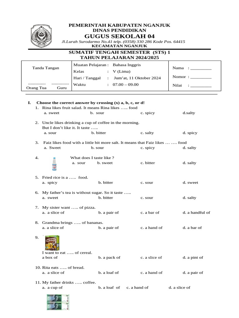 Soal STS I - BHS - Inggris Kelas 5 | PDF | Foods | Cuisine