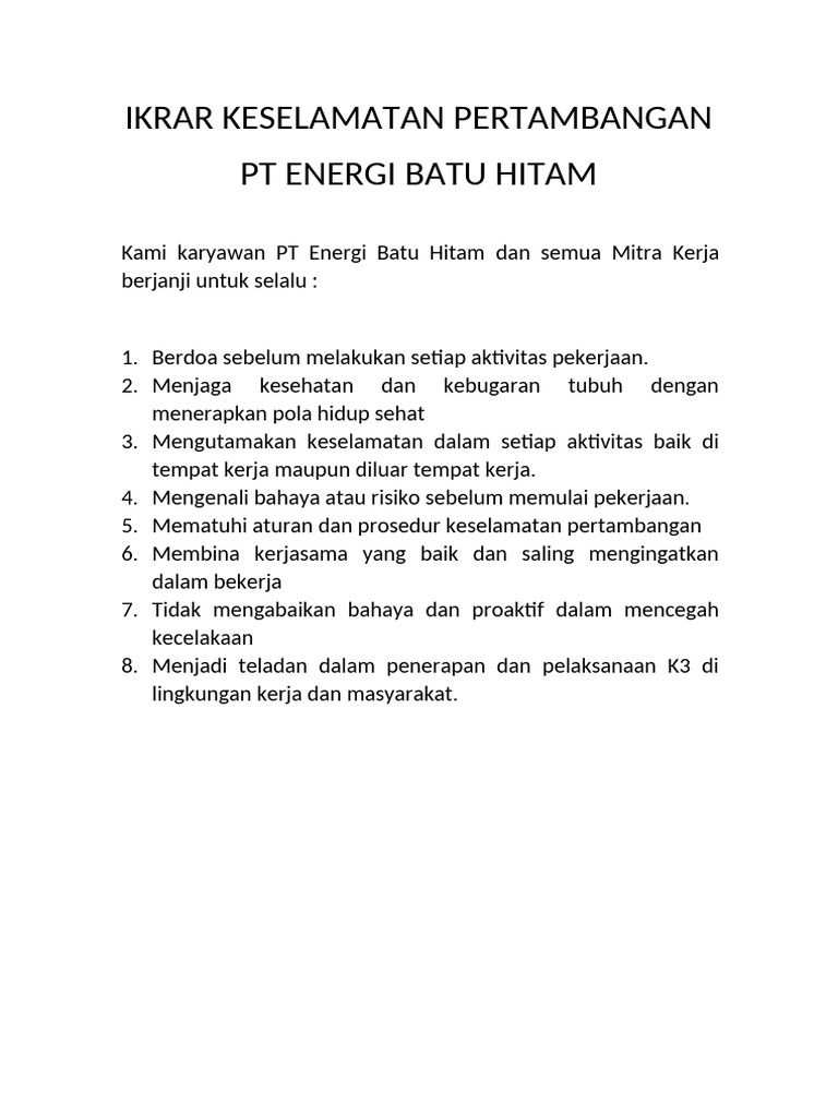 2024 Ikrar Keselamatan Pertambangan EBH - Draft | PDF | Kesehatan Holistik