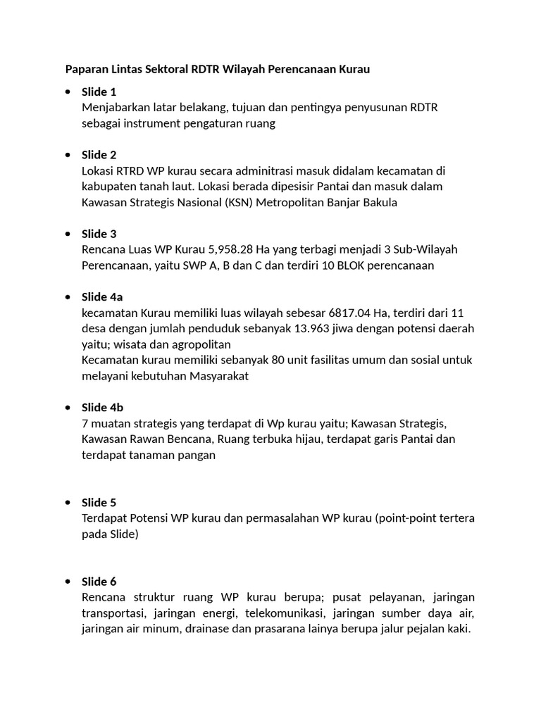 Catatan Paparan Lintas Sektoral RDTR Wilayah Perencanaan Kurau | PDF | Sains & Matematika