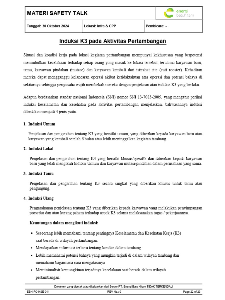 Materi Safety Talk Week 30 Oktober 2024 | PDF